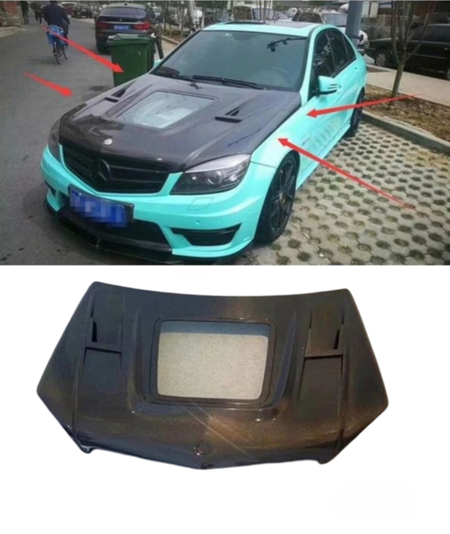 Real Carbon Fibre Car Clear Glass Bonnet Ventilation Cover for Benz C ...